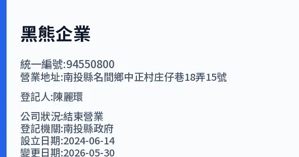 黑熊企業的照片-統編 94550800(南投縣) 公司登記資料與營業項目詳細圖表