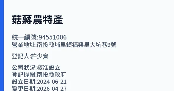 菇蔣農特產的照片-統編 94551006(南投縣) 公司登記資料與營業項目詳細圖表