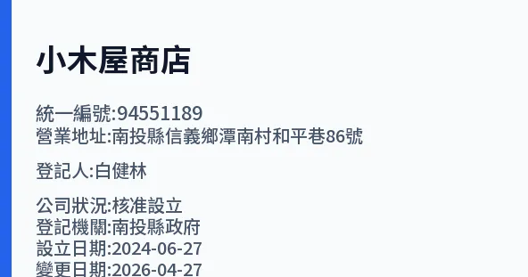 小木屋商店的照片-統編 94551189(南投縣) 公司登記資料與營業項目詳細圖表