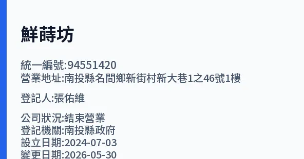 鮮蒔坊的照片-統編 94551420(南投縣) 公司登記資料與營業項目詳細圖表