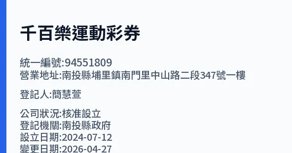 千百樂運動彩券的照片-統編 94551809(南投縣) 公司登記資料與營業項目詳細圖表