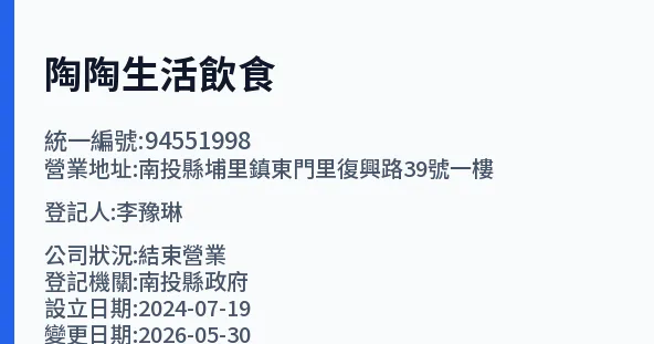 陶陶生活飲食的照片-統編 94551998(南投縣) 公司登記資料與營業項目詳細圖表