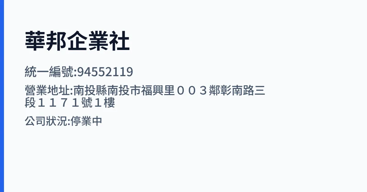 華邦企業社 - 統編 94552119(南投縣) 公司登記資料與營業項目詳細圖表