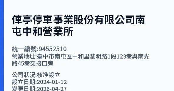 俥亭停車事業股份有限公司南屯中和營業所的照片-統編 94552510(臺中市) 公司登記資料與營業項目詳細圖表