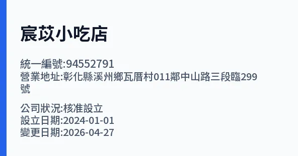 宸苡小吃店的照片-統編 94552791(彰化縣) 公司登記資料與營業項目詳細圖表