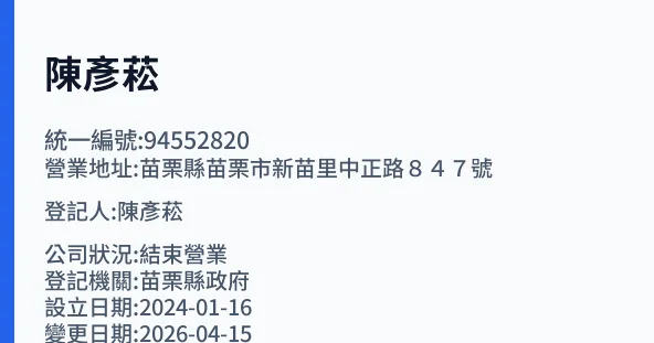 陳彥菘的照片-統編 94552820(苗栗縣) 公司登記資料與營業項目詳細圖表