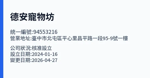 德安寵物坊的照片-統編 94553216(臺中市) 公司登記資料與營業項目詳細圖表