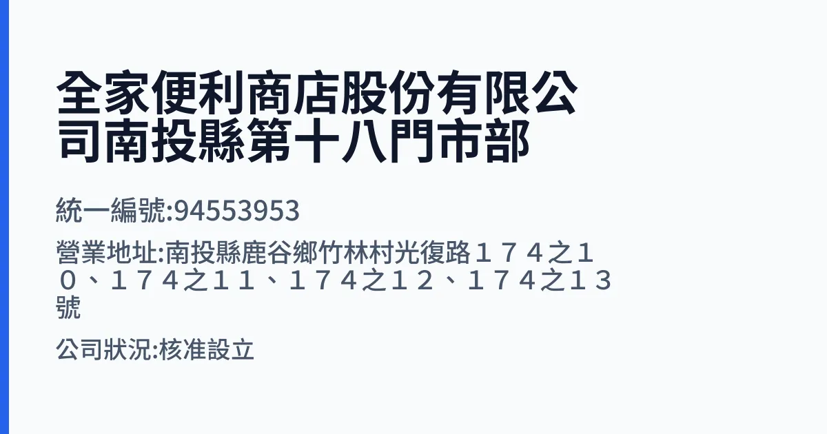 全家便利商店股份有限公司南投縣第十八門市部 - 統編 94553953(南投縣) 公司登記資料與營業項目詳細圖表