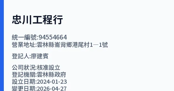 忠川工程行的照片-統編 94554664(雲林縣) 公司登記資料與營業項目詳細圖表
