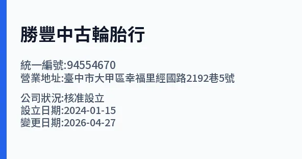 勝豐中古輪胎行的照片-統編 94554670(臺中市) 公司登記資料與營業項目詳細圖表