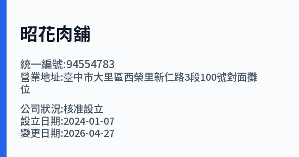 昭花肉舖的照片-統編 94554783(臺中市) 公司登記資料與營業項目詳細圖表