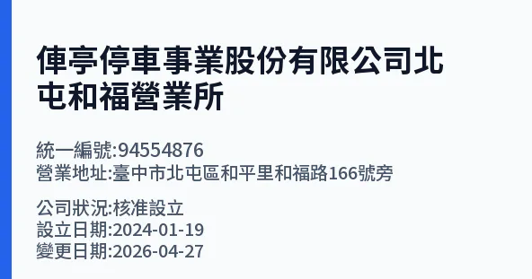 俥亭停車事業股份有限公司北屯和福營業所的照片-統編 94554876(臺中市) 公司登記資料與營業項目詳細圖表