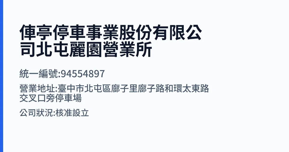 俥亭停車事業股份有限公司北屯麗園營業所 - 統編 94554897(臺中市) 公司登記資料與營業項目詳細圖表