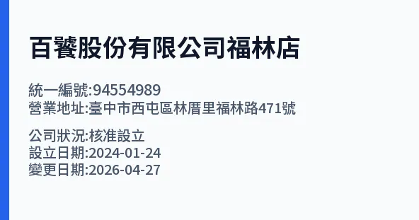 百饕股份有限公司福林店的照片-統編 94554989(臺中市) 公司登記資料與營業項目詳細圖表