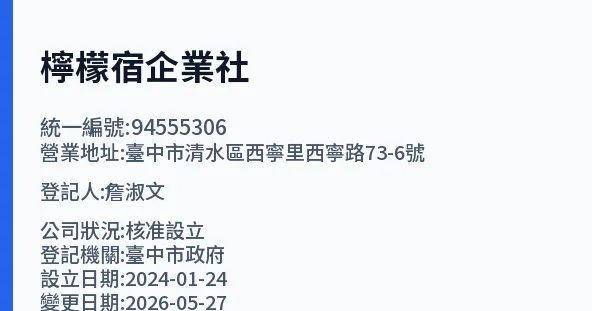 檸檬宿企業社的照片-統編 94555306(臺中市) 公司登記資料與營業項目詳細圖表