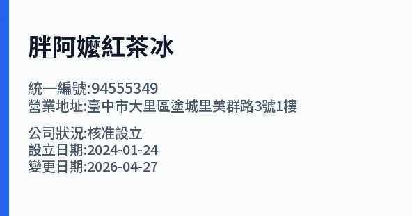 胖阿嬤紅茶冰的照片-統編 94555349(臺中市) 公司登記資料與營業項目詳細圖表