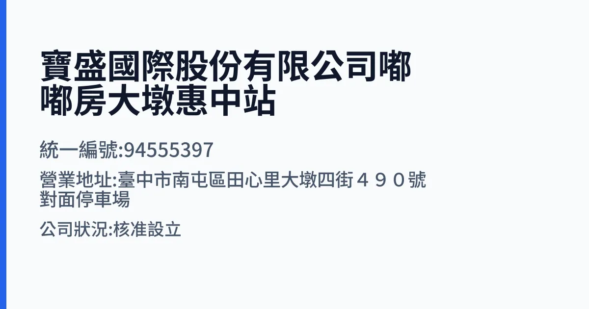 寶盛國際股份有限公司嘟嘟房大墩惠中站 - 統編 94555397(臺中市) 公司登記資料與營業項目詳細圖表