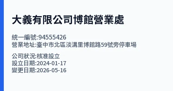 大義有限公司博館營業處的照片-統編 94555426(臺中市) 公司登記資料與營業項目詳細圖表