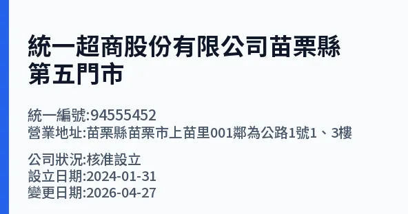 統一超商股份有限公司苗栗縣第五門市的照片-統編 94555452(苗栗縣) 公司登記資料與營業項目詳細圖表