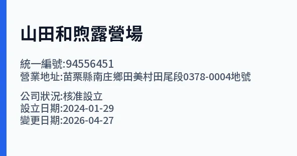 山田和煦露營場的照片-統編 94556451(苗栗縣) 公司登記資料與營業項目詳細圖表