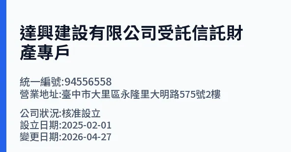 達興建設有限公司受託信託財產專戶的照片-統編 94556558(臺中市) 公司登記資料與營業項目詳細圖表