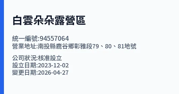 白雲朵朵露營區的照片-統編 94557064(南投縣) 公司登記資料與營業項目詳細圖表