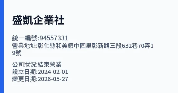 盛凱企業社的照片-統編 94557331(彰化縣) 公司登記資料與營業項目詳細圖表