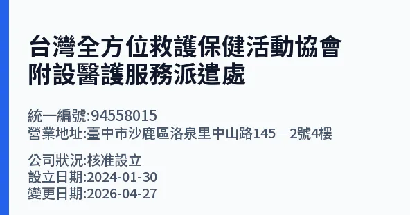 台灣全方位救護保健活動協會附設醫護服務派遣處的照片-統編 94558015(臺中市) 公司登記資料與營業項目詳細圖表