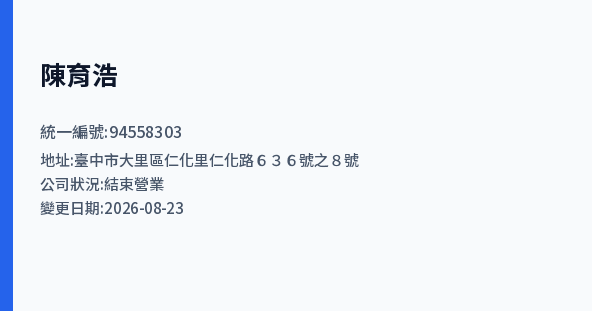 陳育浩的照片-統編 94558303(臺中市) 公司登記資料與營業項目詳細圖表