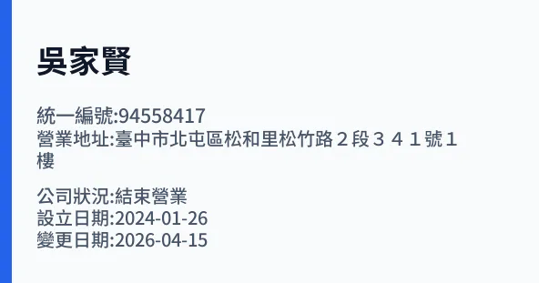 吳家賢的照片-統編 94558417(臺中市) 公司登記資料與營業項目詳細圖表