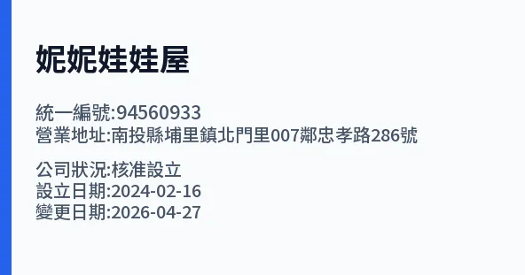 妮妮娃娃屋的照片-統編 94560933(南投縣) 公司登記資料與營業項目詳細圖表