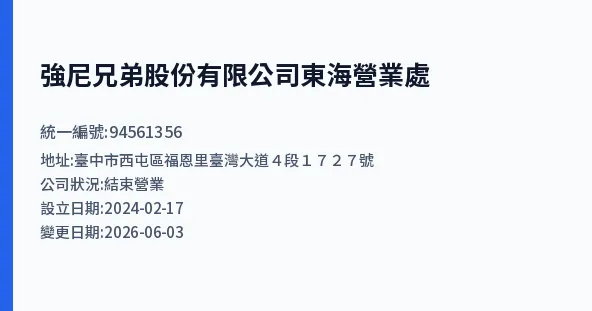 強尼兄弟股份有限公司東海營業處的照片-統編 94561356(臺中市) 公司登記資料與營業項目詳細圖表