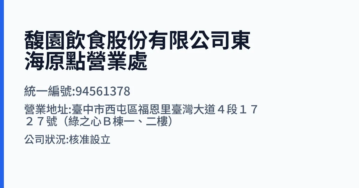 馥園飲食股份有限公司東海原點營業處 - 統編 94561378(臺中市) 公司登記資料與營業項目詳細圖表
