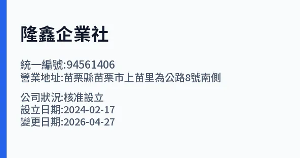 隆鑫企業社的照片-統編 94561406(苗栗縣) 公司登記資料與營業項目詳細圖表