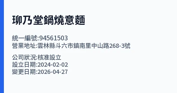 珋乃堂鍋燒意麵的照片-統編 94561503(雲林縣) 公司登記資料與營業項目詳細圖表