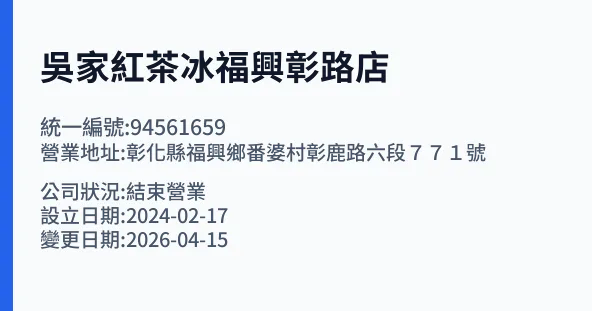 吳家紅茶冰福興彰路店的照片-統編 94561659(彰化縣) 公司登記資料與營業項目詳細圖表
