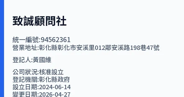 致誠顧問社的照片-統編 94562361(彰化縣) 公司登記資料與營業項目詳細圖表