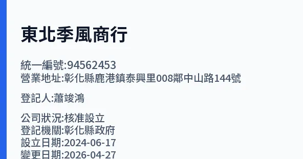 東北季風商行的照片-統編 94562453(彰化縣) 公司登記資料與營業項目詳細圖表