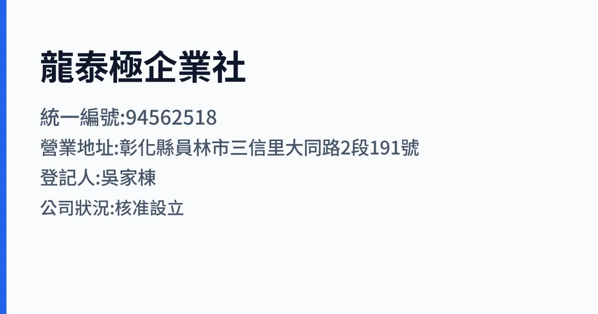 龍泰極企業社 - 統編 94562518(彰化縣) 公司登記資料與營業項目詳細圖表