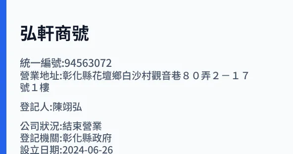 弘軒商號的照片-統編 94563072(彰化縣) 公司登記資料與營業項目詳細圖表
