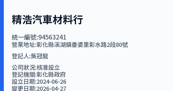 精浩汽車材料行的照片-統編 94563241(彰化縣) 公司登記資料與營業項目詳細圖表