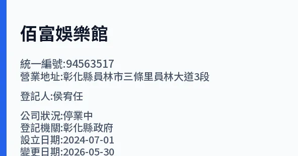 佰富娛樂館的照片-統編 94563517(彰化縣) 公司登記資料與營業項目詳細圖表