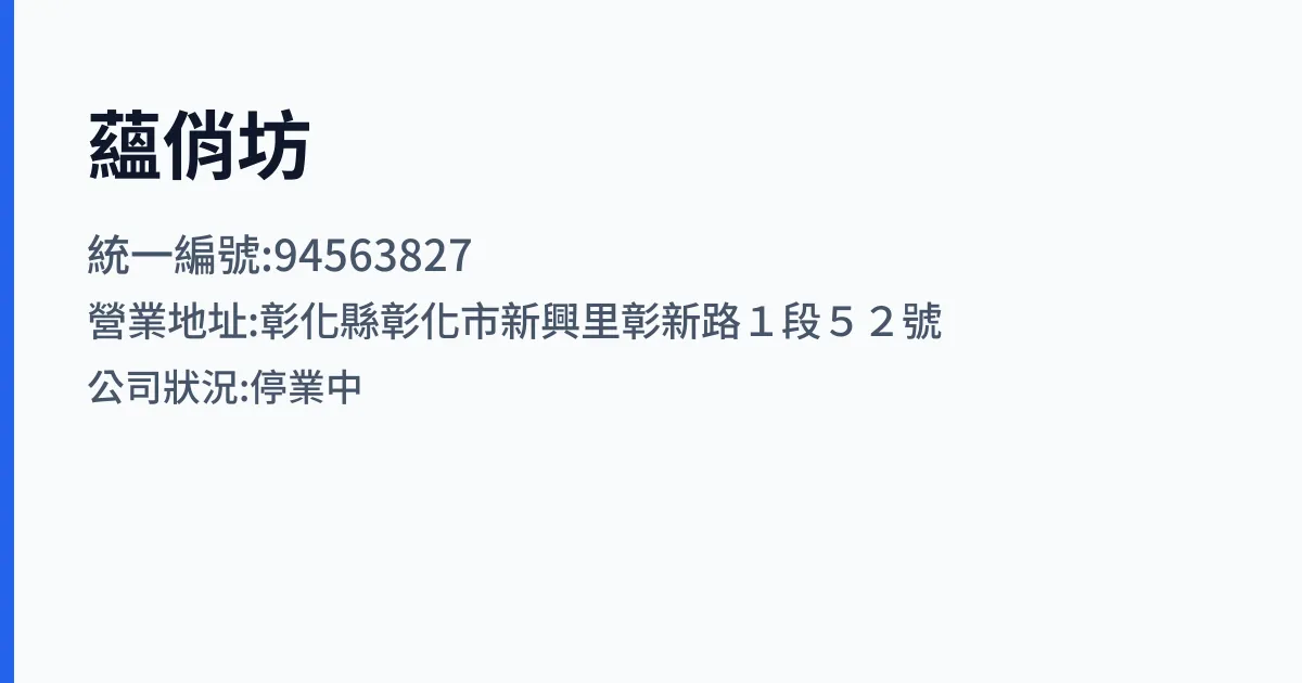 蘊俏坊 - 統編 94563827(彰化縣) 公司登記資料與營業項目詳細圖表