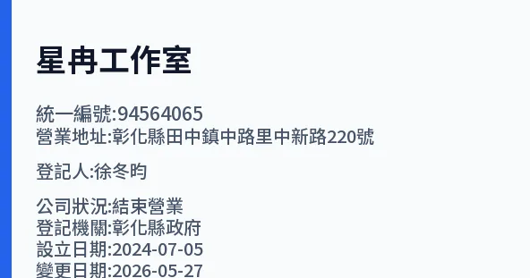 星冉工作室的照片-統編 94564065(彰化縣) 公司登記資料與營業項目詳細圖表