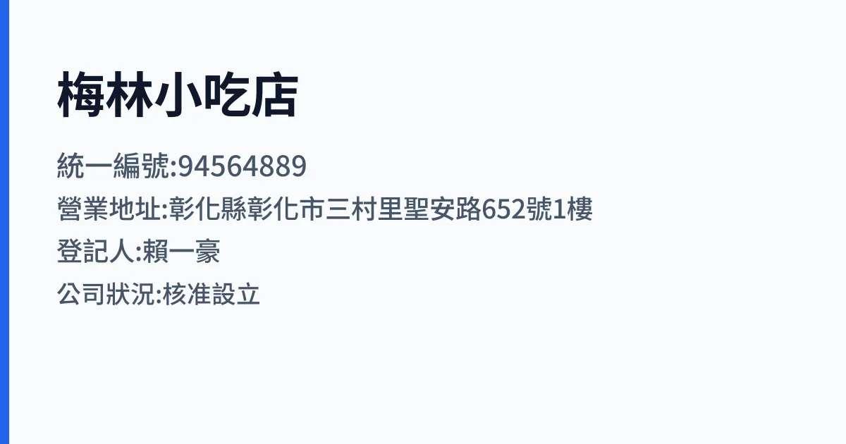 梅林小吃店 - 統編 94564889（彰化縣） 公司登記資料與營業項目詳細圖表