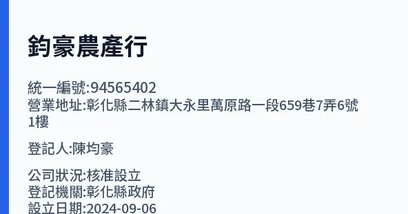 鈞豪農產行的照片-統編 94565402(彰化縣) 公司登記資料與營業項目詳細圖表