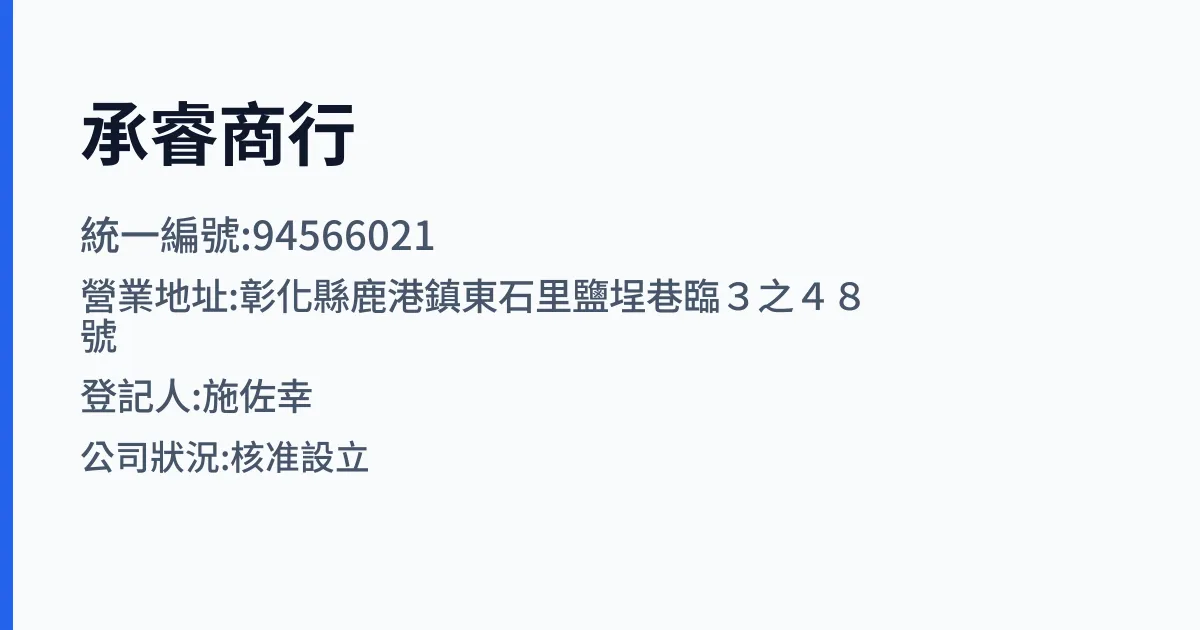 承睿商行 - 統編 94566021(彰化縣) 公司登記資料與營業項目詳細圖表