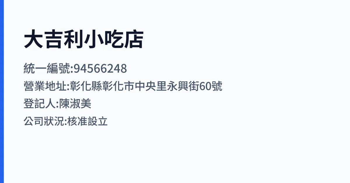 大吉利小吃店 - 統編 94566248(彰化縣) 公司登記資料與營業項目詳細圖表
