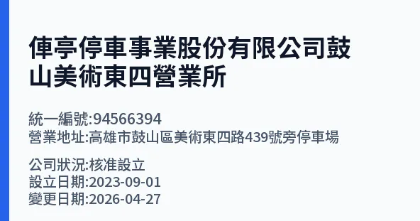 俥亭停車事業股份有限公司鼓山美術東四營業所的照片-統編 94566394(高雄市) 公司登記資料與營業項目詳細圖表