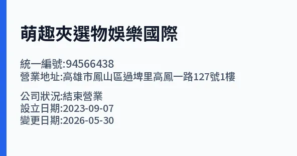 萌趣夾選物娛樂國際的照片-統編 94566438(高雄市) 公司登記資料與營業項目詳細圖表